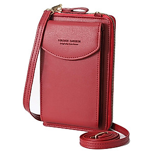 SILKAREA PU Leather Crossbody Phone Purse Tassel Cell Phone Bag Small Shoulder Purse RFID Card Wallet Purse (Wine Red)