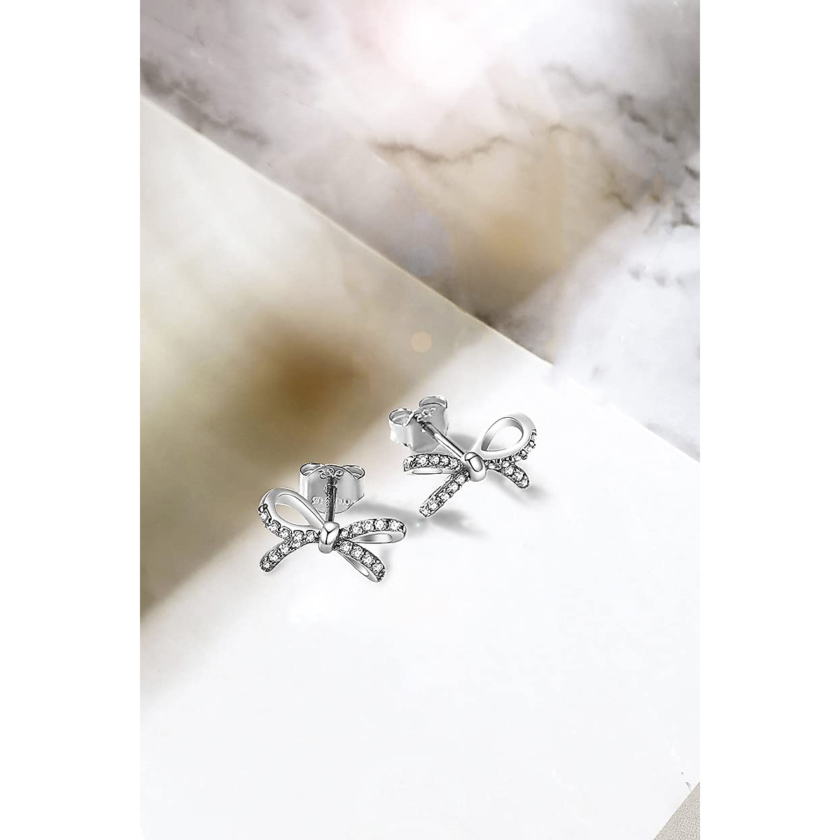 Coodilor 925 Sterling Silver Bow Stud Earrings With Cubic Zirconia, 14K White Gold Plated Earrings for Women, Perfect for Gift