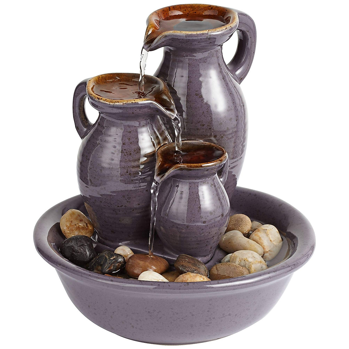 Triple Jug Zen Indoor Cascading Small Tabletop Water Fountain Chocolate Speckle Ceramic Real River Rock 9" for Table Desk-Top Home Office Bedroom House Relaxation Living Room - John Timberland