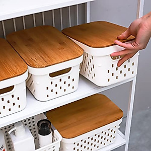 Citylife 4 PCS Storage Baskets with Bamboo Lids Plastic Baskets for Organizing Stackable Storage Bins with Handle for Shelves, 10.16 x 6.81 x 5.31 inch