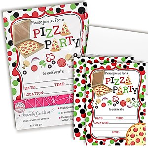 Pizza Party Themed Birthday Party Invitations for Kids, 20 5x7 Fill In Cards with Twenty White Envelopes by AmandaCreation