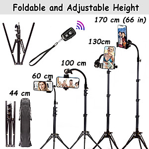 Phone Tripod, Phone Video Stand with Remote, Height Adjustable Ball Head, Gooseneck Phone Floor Holder for iPhone15, iPhone15 Plus, iPhone15 Pro, iPhone15 Pro Max, iPhone 14,14 Pro, Plus, 13, 12, 11