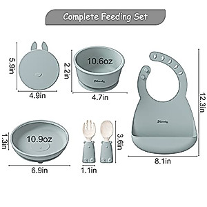 Dilovely Baby Led Weaning Supplies, Silicone Feeding Utensils Set, Babies Plates and Bowls Set, Suction Baby Bowl Plate with Adjustable Bibs and Training Spoon Fork - 6 Pcs BPA Free Green