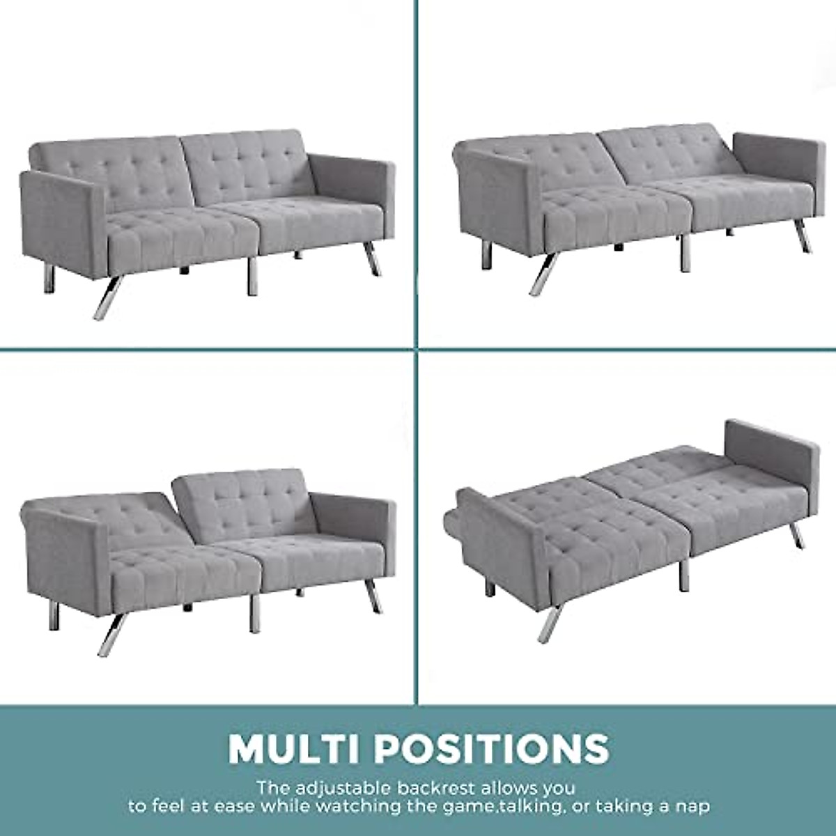 75"Convertible Folding Futon Sofa Bed,Split Back Design,Modern Fabric Sleeper Couch Bed with Armrest and Chrome Legs,Upholstered Recliner Loveseat for Living Room Apartment Dorms Office (Light Grey)