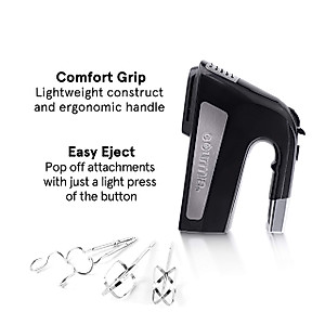 Gourmia GHM2530 Illuminating Electric Hand Mixer with 6 Speeds + Turbo Mode - Powerful 300-Watt Motor - Integrated LED Spotlight - Includes Beater Whisks & Dough Hooks