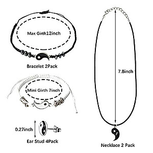 Yin Yang Necklaces for 2 Best Friends with Adjustable Matching Cord Bracelets and Earring Studs for Bff Friendship Valentine's Boyfriend Girlfriend Relationship Gifts(4 Pairs Sets)