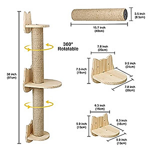 Wall Mounted Cat Scratching Post - Sisal Cat Scratcher Solid Wood Cat Wall Shelves Steps Cat Furniture for Indoor Large Cats Kittens, 38 Inch Tall Cat Ladder Post Tree in Mutil- Assembly Ways