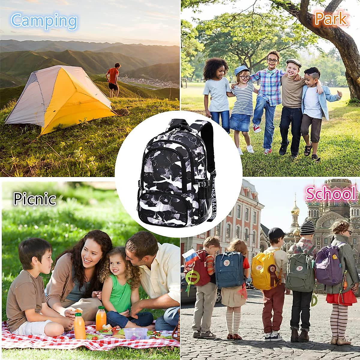 XLERHAZO School Backpack Camouflage Backpack Water Repellent Casual Daypack Lightweight Bookbags for Boys Girls (DX Camo Blue)