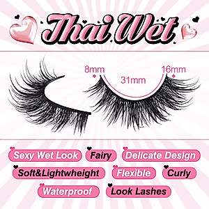 Natural False Lashes Wet Look Cat Eye Lashes Wispy Asian False Eyelashes 3D Mink Lashes 16mm Thai Fairy Lashes 14 Pairs Fake Eyelashes Pack