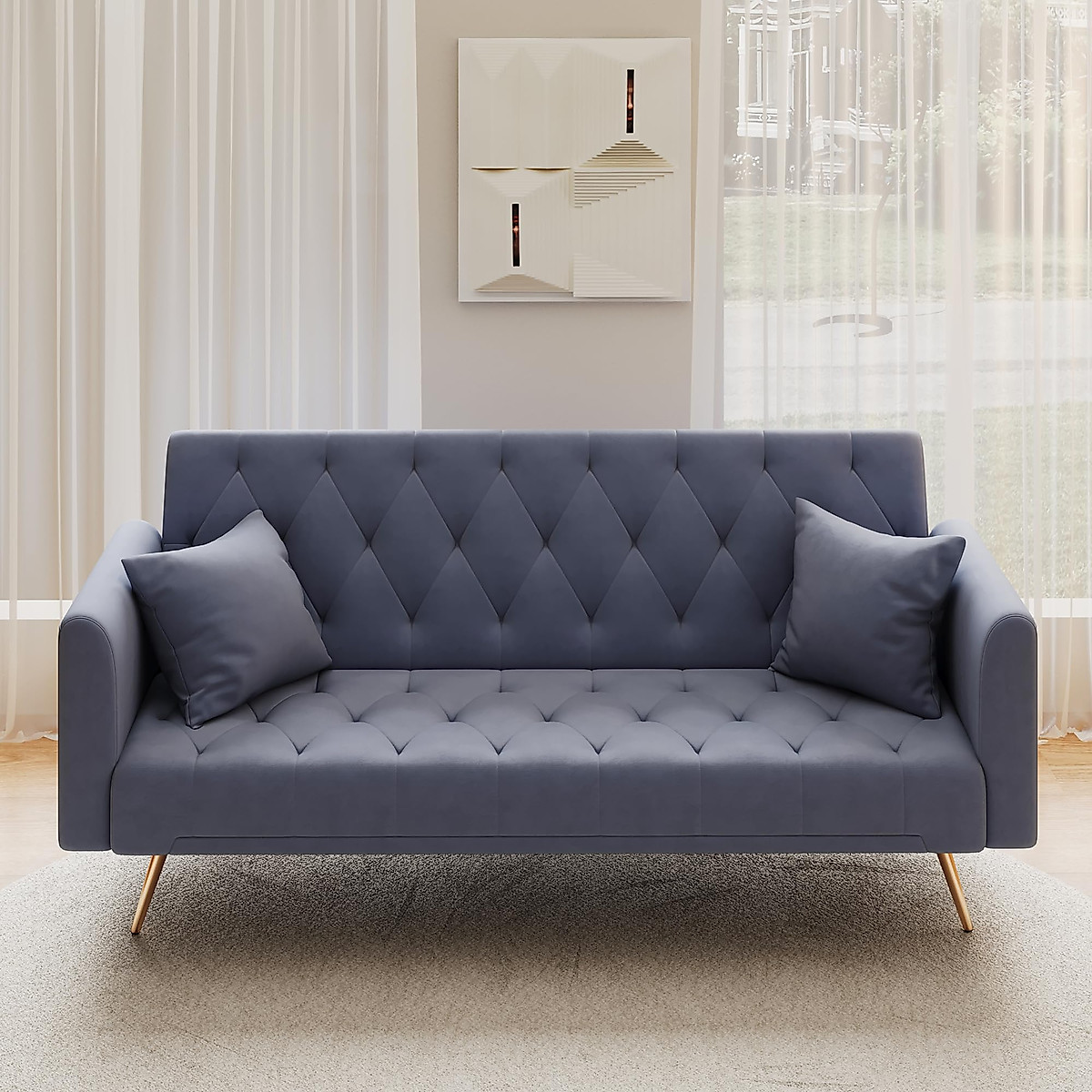 72"Modern Velvet Sofa Bed Futon,Convertible Folding Sleeper Bed Couches with 3 Adjustable Backrests,Tufted Recliner Loveseat with Golden Chrome Legs for Small Living Room Office (Dark Grey+pillows)