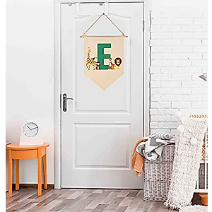 Personalised Woodland Animal Flag Decor Gifts for Baby Boy Girl Newborn Kids-Jungle Safari Pennant Banner Wall Sign Gifts for Nursery Baby Room Bedroom Playroom Front Door-Monogrammed Initial Letter E