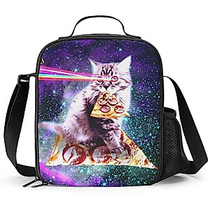 PrelerDIY Galaxy Pizza Cat Lunch Box - Insulated Lunch Bag for Kids with Side Pocket & Shoulder Strap Snack Bags, Perfect for School/Camping/Hiking/Picnic/Beach/Travel