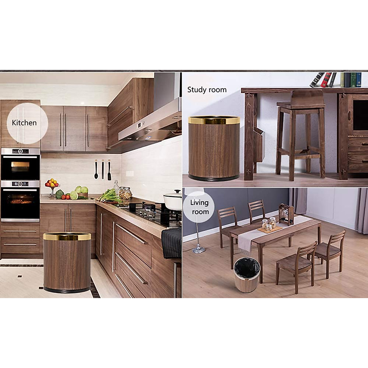 GohomeLoby Metal Trash Can, Double Cans Top Open Without Lid Waste Bin Hotel Office Wastebasket (Walnut Leather Silver Ring)