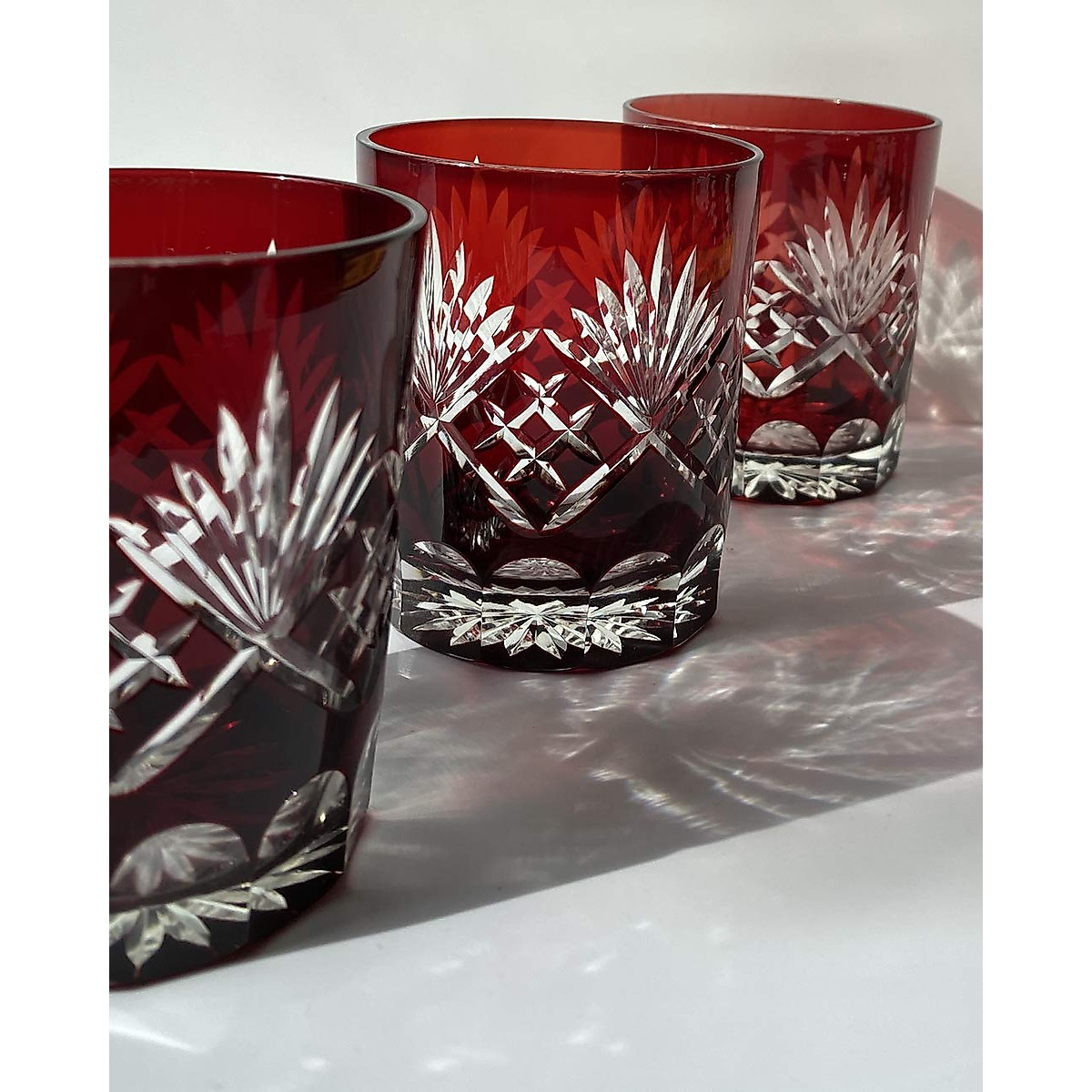 PLEASANT BREEZE Ruby Red Fancy Hand Cutting Wine Glass, Gift Boxed 10 Oz Handmade Old Fashioned Glass