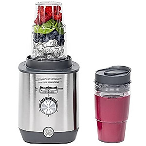 GE 5-Speed Blender + (2) 16 Ounce Blender Cups | Kitchen Essentials Blender for Shakes, Smoothies & More | Large 64 oz Tritan Jar, 8-10 Servings | Stainless Steel Blades & Exterior Finish | 1000 Watts