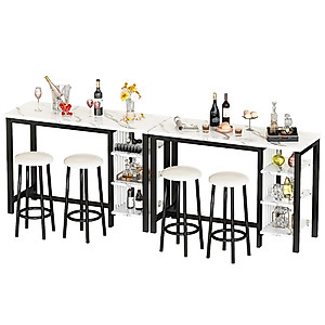 AWQM Home Bar Table Set of 2, 47" White Faux Marble Dining Set with Storage Shelves and Upholstered Leather Bar Height Stools, 3-Piece Kitchen Table for 2 People, Space Saving Table (White & Black)