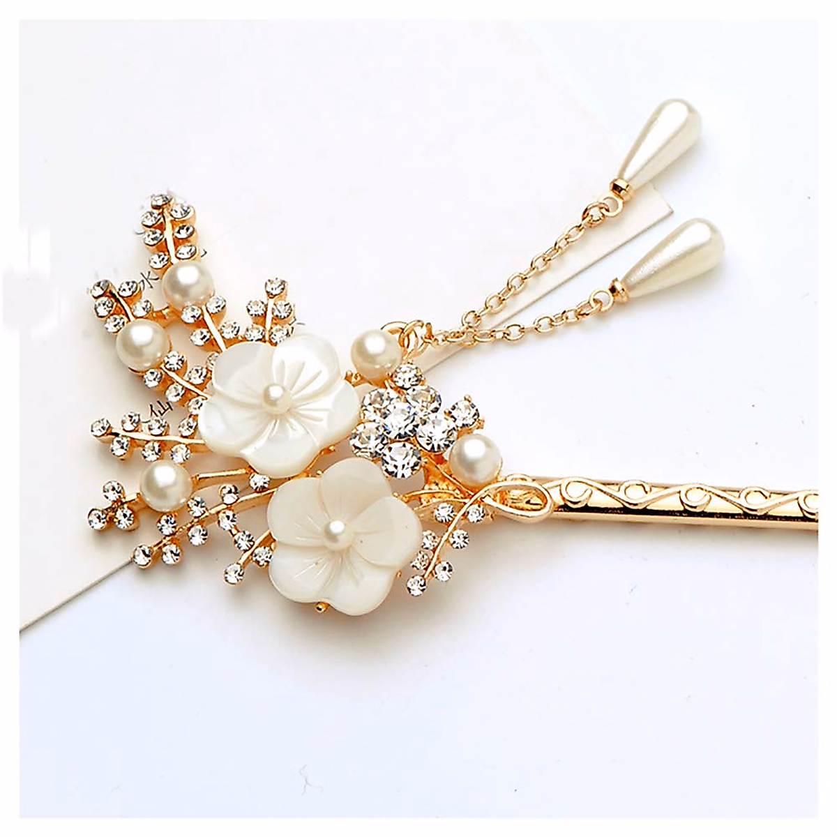 2 Pcs Rhinestone Pearl Flower Hair Stick Chinese Hair Chopsticks Vintage Tassel Hair Pin Chignon Pin Chopsticks Hair Styling Hair Making Accessories for Women (White)1