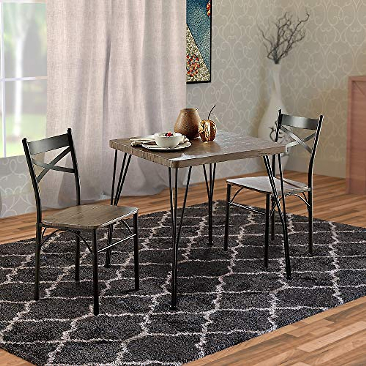 Benjara Industrial Style 3 Piece Dining Table Set of Wood and Metal, Brown and Black