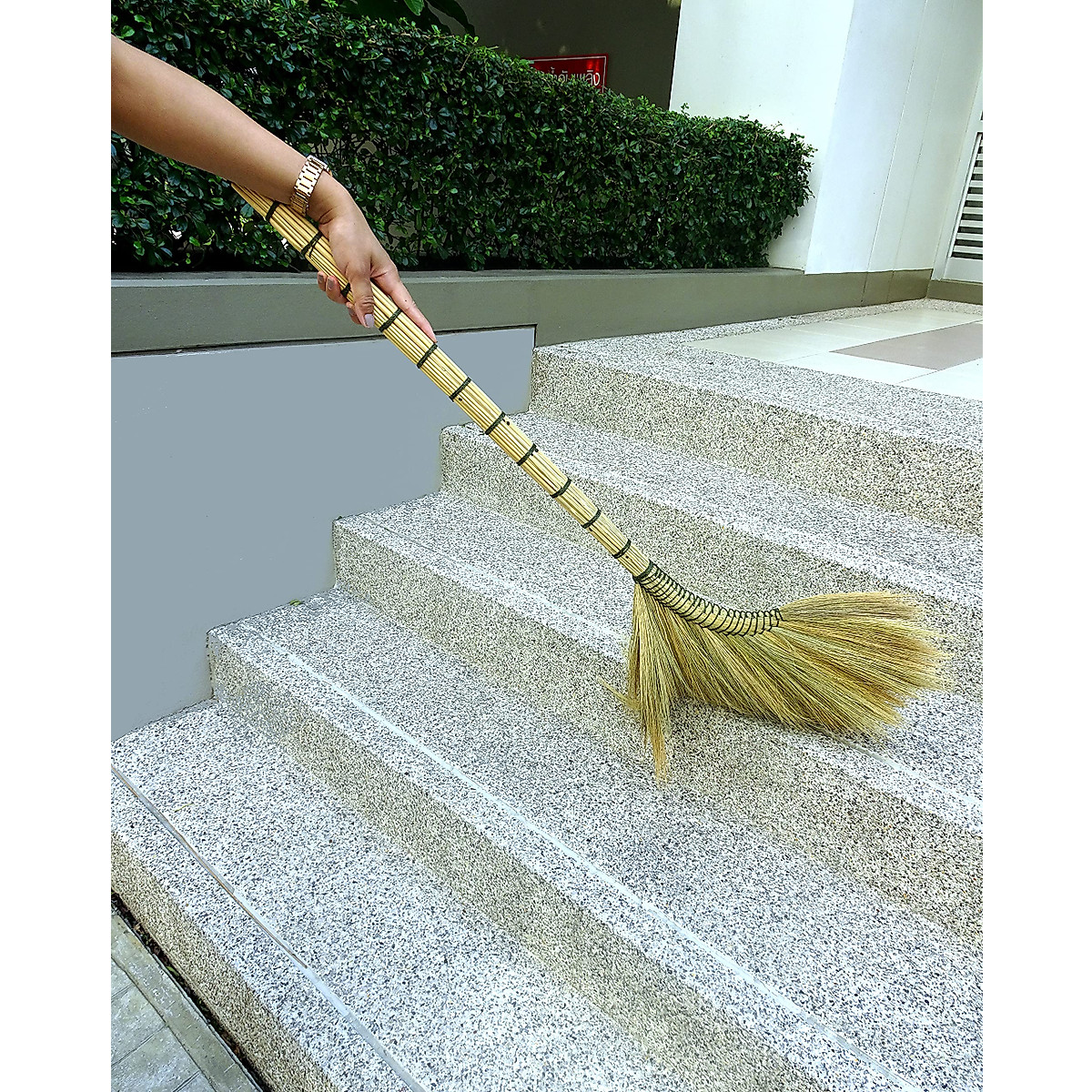 Handmade Asian Thai Broom Thick Natural Grass Brush & Handle Broomstick in Vintage Viet Whisk Straw Design