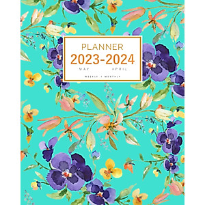 Planner May 2023-2024 April: 8x10 Weekly and Monthly Organizer Large | Watercolor Pretty Wildflower Design Turquoise