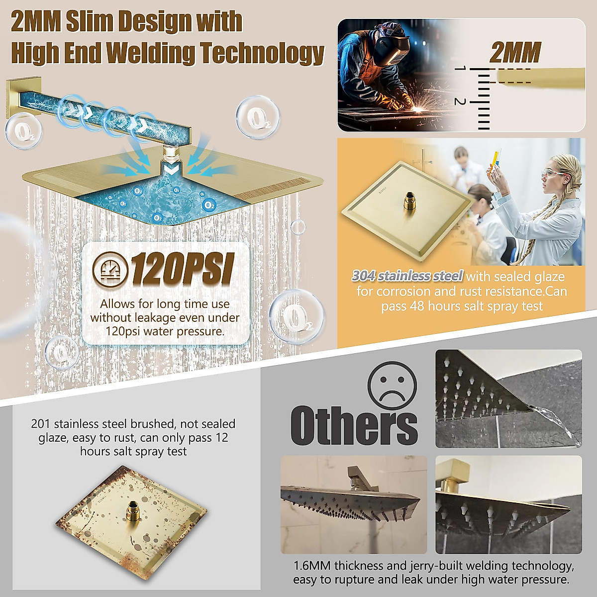 ESNBIA Gold Shower Head, Rainfall Shower System with 10 Inches Rain Shower Head, All Metal Shower Faucet Set with Shower Valve, Wall Mounted Shower Fixtures, Brushed Gold