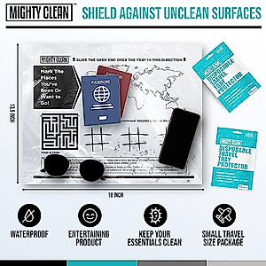 15 Disposable Travel Tray Protectors by Mighty Clean │ Airplane Travel Essentials for Toddler, Kids, and Adults │ Must Have for Flying │ Provides a Clean Surface and Entertainment │ 15 Pack