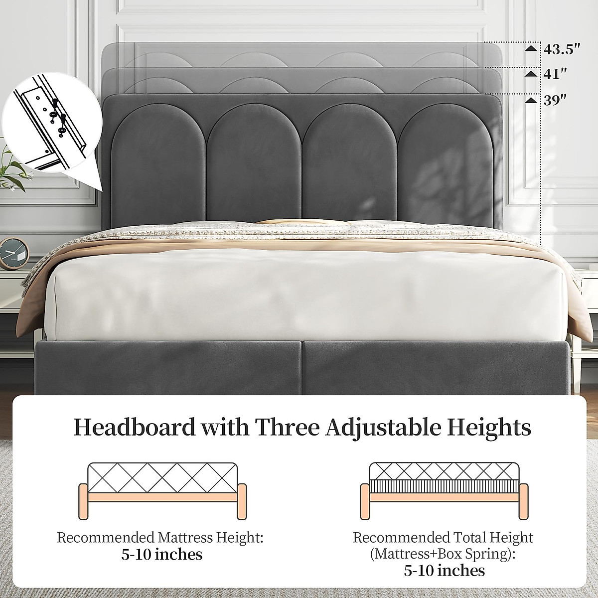 Yaheetech Queen Bed Frame Upholstered Platform Bed with 4 Drawers Storage and Adjustable Headboard,Arch Channel Tufted Headboard,Sturdy Wood Slat Support,No Box Spring Needed,Dark Gray Queen Bed