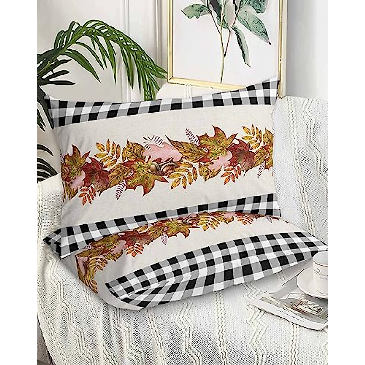 Edwiinsa Thanksgiving Pillow Covers Standard Size Set of 2 Bed Pillow, Farmhouse Fall Maple Leaf Black White Plaid Plush Soft Comfort for Hair/Skin Cooling Pillowcases with Envelop Closure 20''x26''