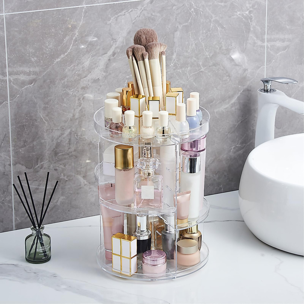 SUNFICON Rotating Makeup Organizer 360 Rotation Cosmetic Storage Holder Crystal Clear Acrylic Makeup Turntable Spin Display Stand Bathroom Bedroom Countertop Vanity Dressing Table Gift Girl Lady Women