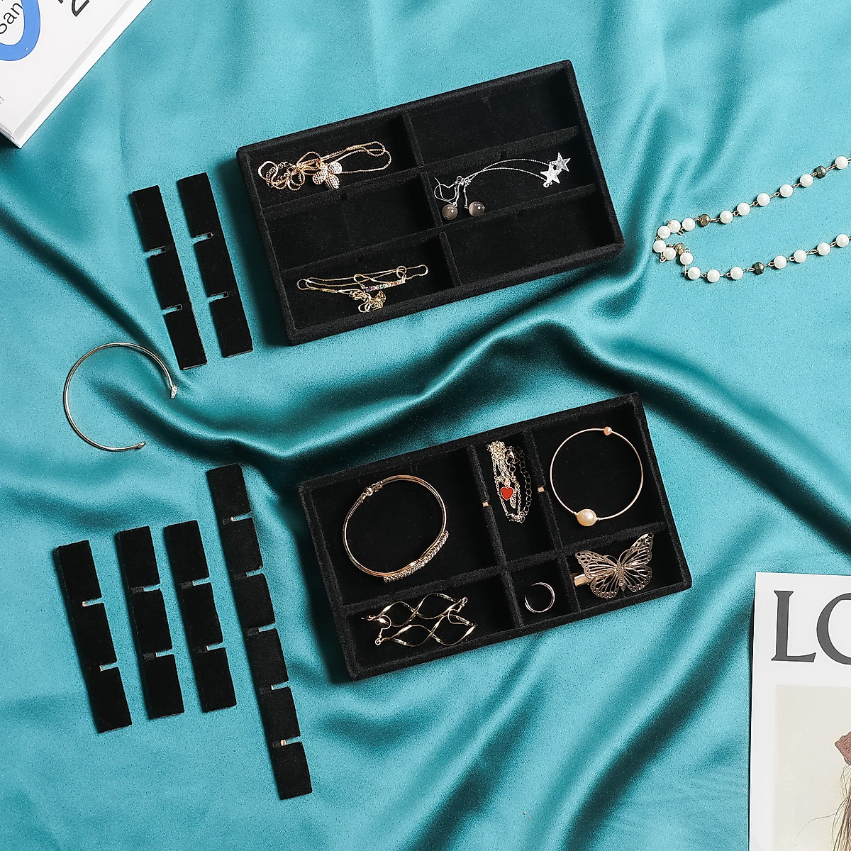 Frebeauty Jewelry Organizer Tray,Stackable Velvet Jewelry Trays,Drawer Inserts Earring Organizer For Women Jewelry Storage Display Case for Rings Stud Necklaces,Set of 4(Black)