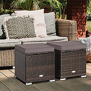 HAPPYGRILL 2 Piece Patio Ottoman Set Outdoor Wicker Stool with Storage, Rattan Footrest Ottoman with Solid Metal Frame and Cushion for Backyard Poolside Garden Balcony