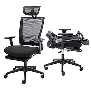 Foldable Ergonomic Office Chair with Footrest, High Back Computer Chair with 2D Headrest, Mesh Back, Sponge Seat, Adjustable Lumbar Support, 2D Armrest, Home Office Desk Chair, Black