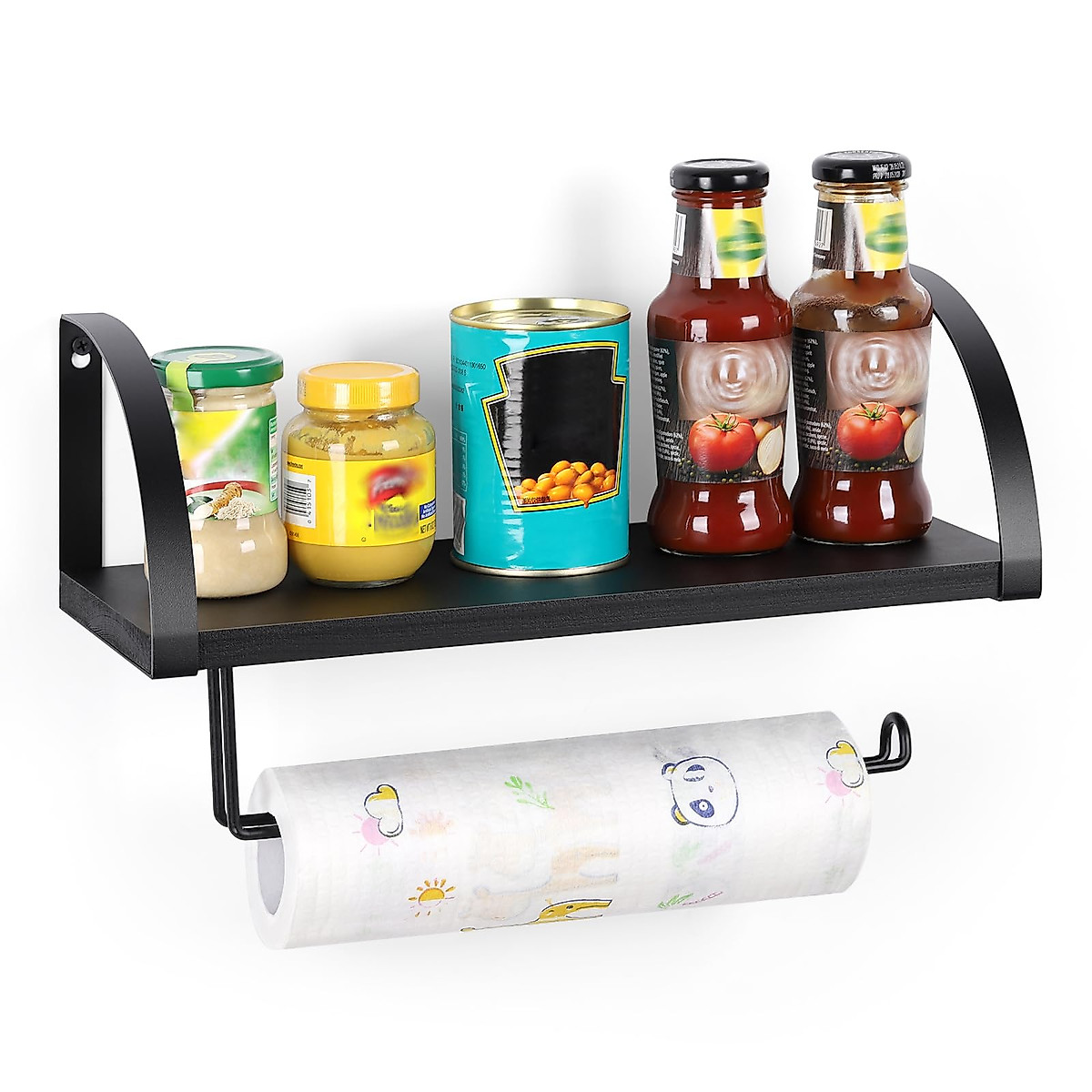 Paper Towel Holder Wall Mount with Shelf Industrial Pine Wood Paper Towel Roll Rack Under Cabinet Spice Rack for Kitchen Bathroom Hanging Paper Towel Holder - Matte Black