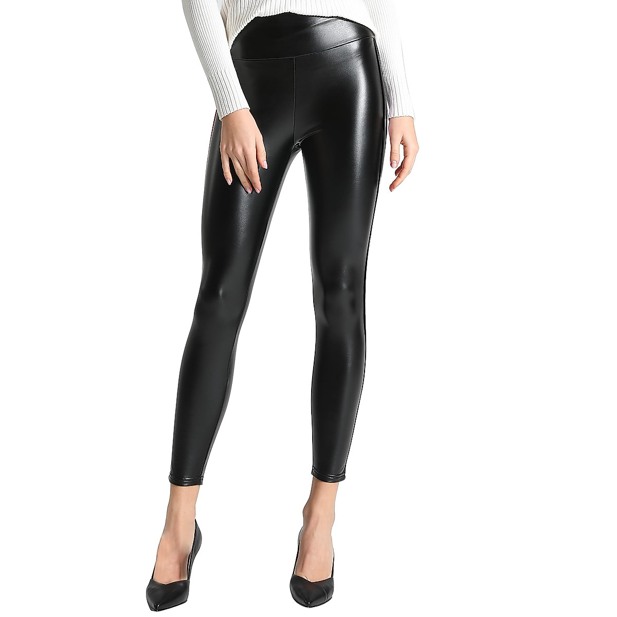 Tagoo Women's Stretchy Faux Leather Leggings Pants, Sexy Black High Waisted Tights