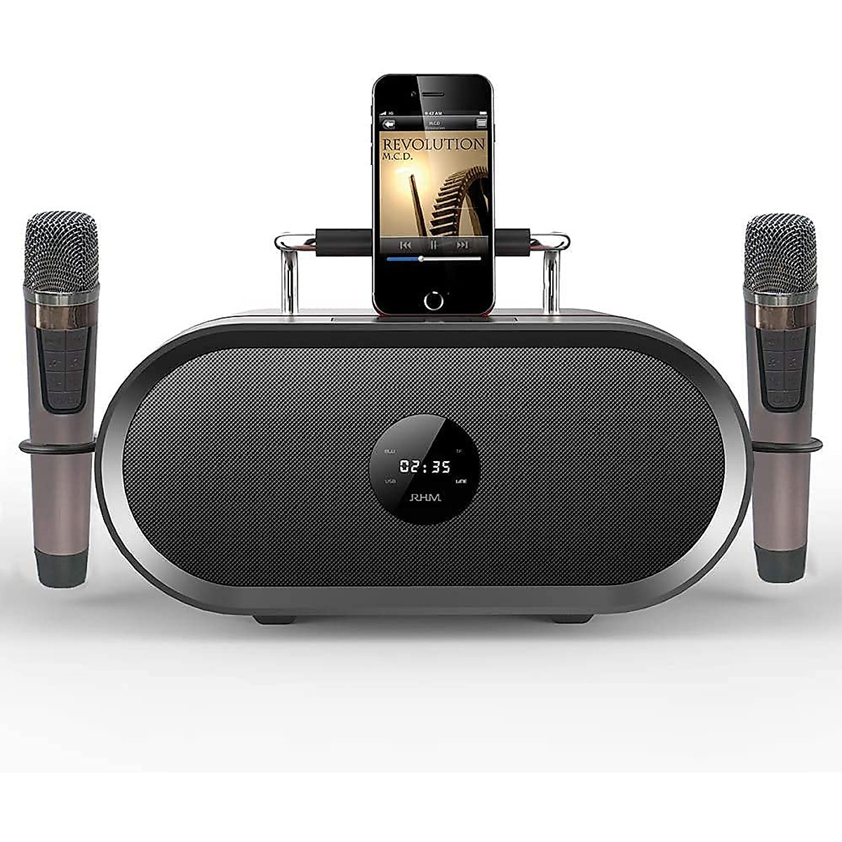 RHM K666 Karaoke Machine with Rich & Deep Bass, Powerful Sound, 2 Wireless Microphones, Rechargeable Battery, 8 Hours Playtime, Support Bluetooth/AUX/USB/PC for Home, Party, Wedding, Picnic, Outdoor