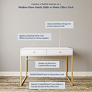 BELLEZE Modern 42 Inch Makeup Vanity Dressing Table or Home Office Computer Laptop Writing Desk with Two Storage Drawers, Wood Top, and Gold Metal Frame - Bronte (White)