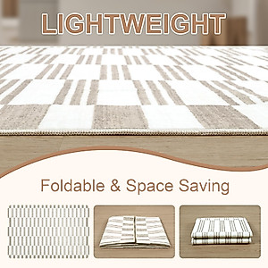 LIVEBOX Machine Washable Area Rugs 5x7 - Soft Checkered Modern Rugs for Bedroom, Non-Slip Neutral Rug for Living Room, Low-Pile Farmhouse Rug for Dining Room Office Hall, Tan/Beige