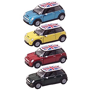 KiNSMART Mini Cooper S with British Flag 5" 1:28 Scale Die Cast Metal Model Toy Car SetOf4