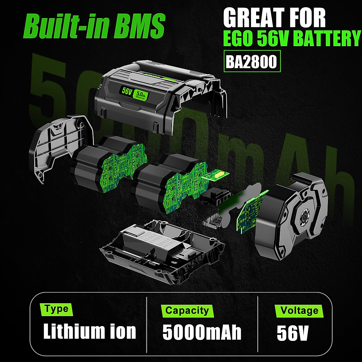 NEPOWILL 56v 5.0Ah Replacement Battery for EGO 56V Battery BA2800 BA4200 BA1400, Compatible with EGO 56 Volt CS1604 CS1804 CS1403 HT2400 LB6504 LB5804 LB6500 LB4800 HTA2000 PH1400 Power Tools