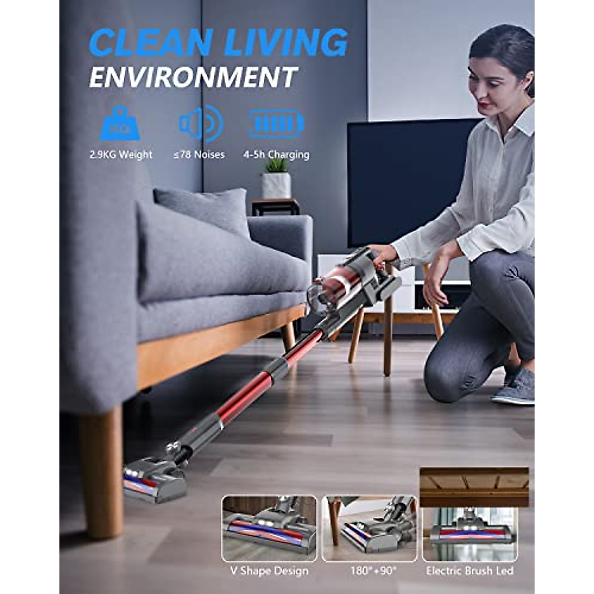 Fykee Cordless Vacuum Cleaner, Adjustable Mode Cordless Vacuum with Large Detachable Battery, 1.2L Dust Cup Ultra-Quiet Stick Vacuum Cleaner up to 35 mins Run Time for Carpet Hardwood Pet Hair