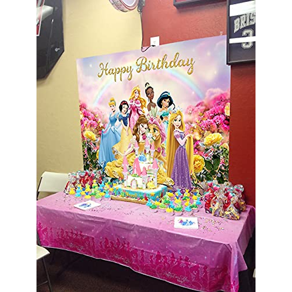 Betta Princess Happy Birthday Backdrop Colorful Rainbow Flowers Photo Backdrop Cartoon Fairy Tale Little Girl Princess Birthday Party Background Multicolor Glitter Photography Background 7x5ft