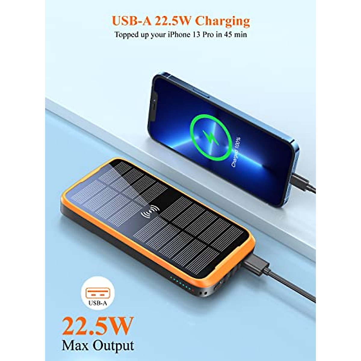 RETMSR Portable Charger, 38800mAh Solar Charger 10W Wireless QC3.0 22.5W PD 20W Fast Charging, Battery Pack with Built-in 3 Cables Super Bright Flashlight, 5 Outputs Power Bank for Cell Phone Tablet