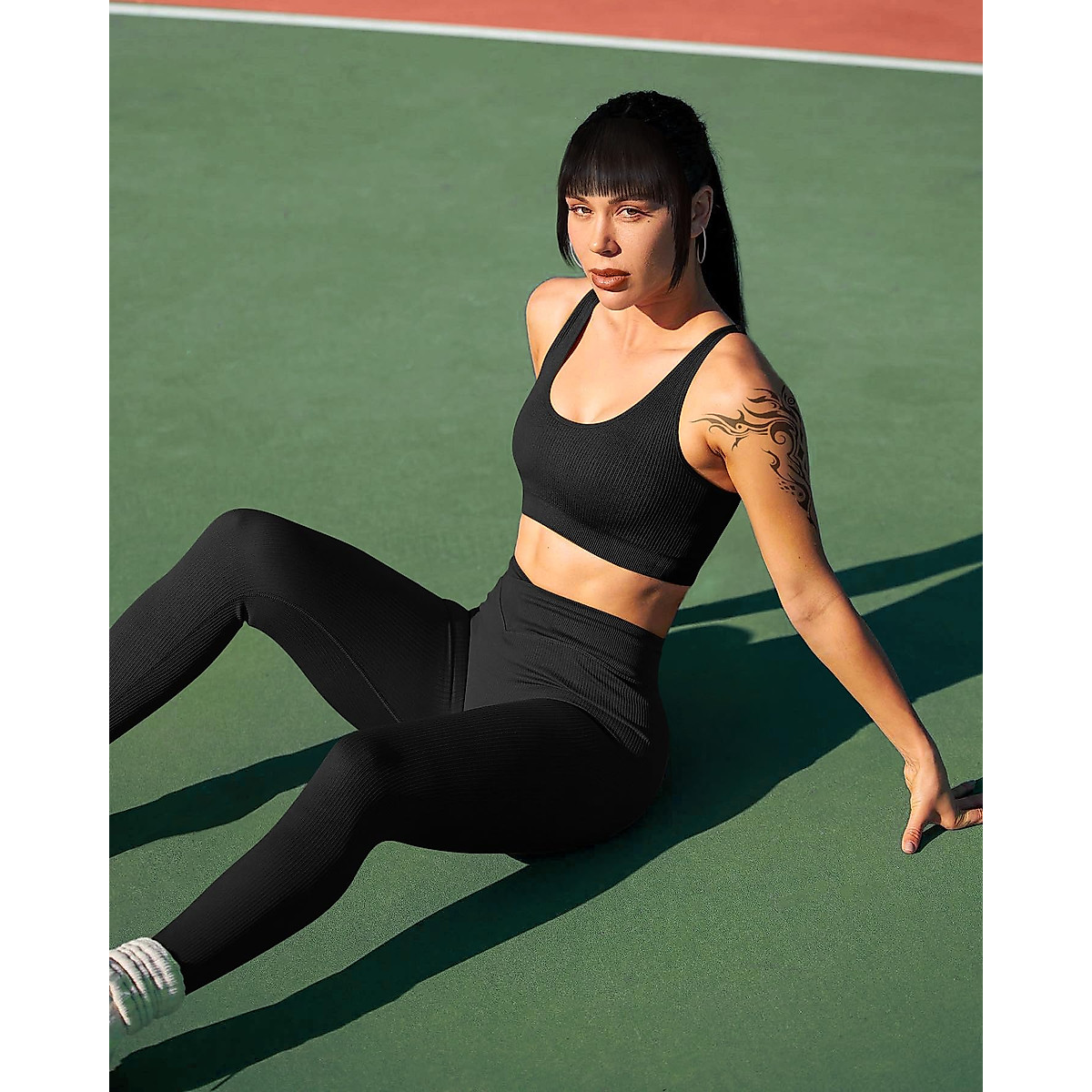 OQQ Women's 2 Piece Yoga Leggings Ribbed Seamless Workout High Waist Cross Over Athletic Exercise Leggings Black Avocado Green