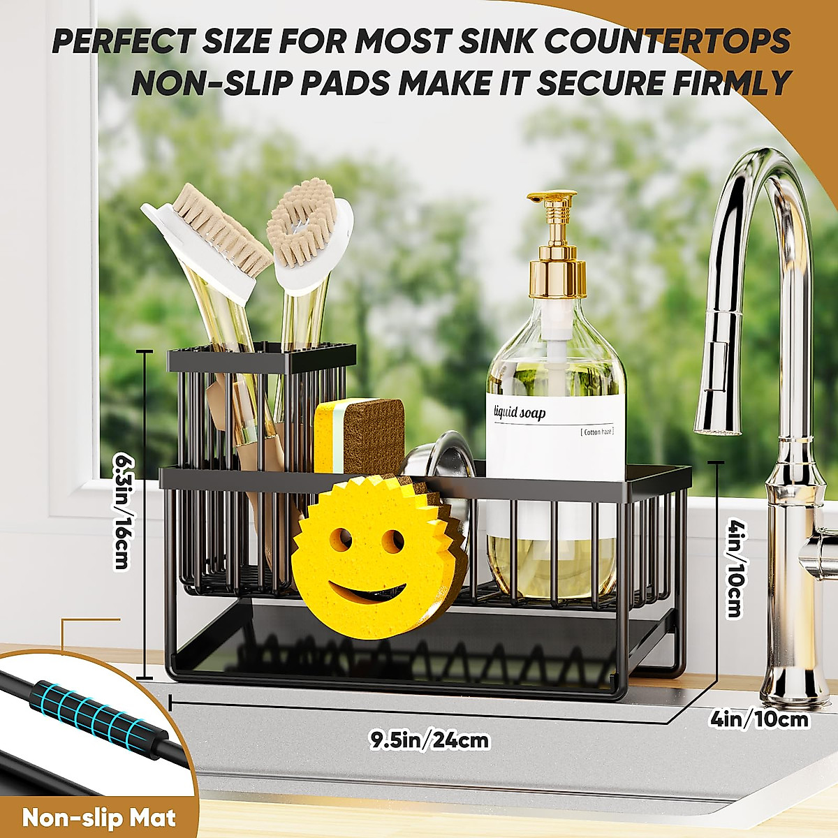 Sponge Holder for Kitchen Sink,Smiley Face Sink Caddy with Removable Brush Holder,Self-Draining Sponge Caddy for Sponge,Soap,Dish Brush,Scrubber,Kitchen Essentials and Gadgets