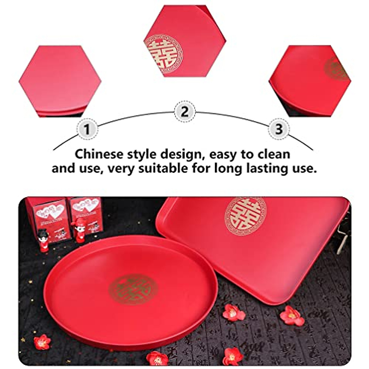 jojofuny Chinese Wedding Serving Tray Platter: Red Fruit Plate Round Tea Tray Large Plastic Snack Dishes for Chinese Traditional Wedding Decoration Supplies