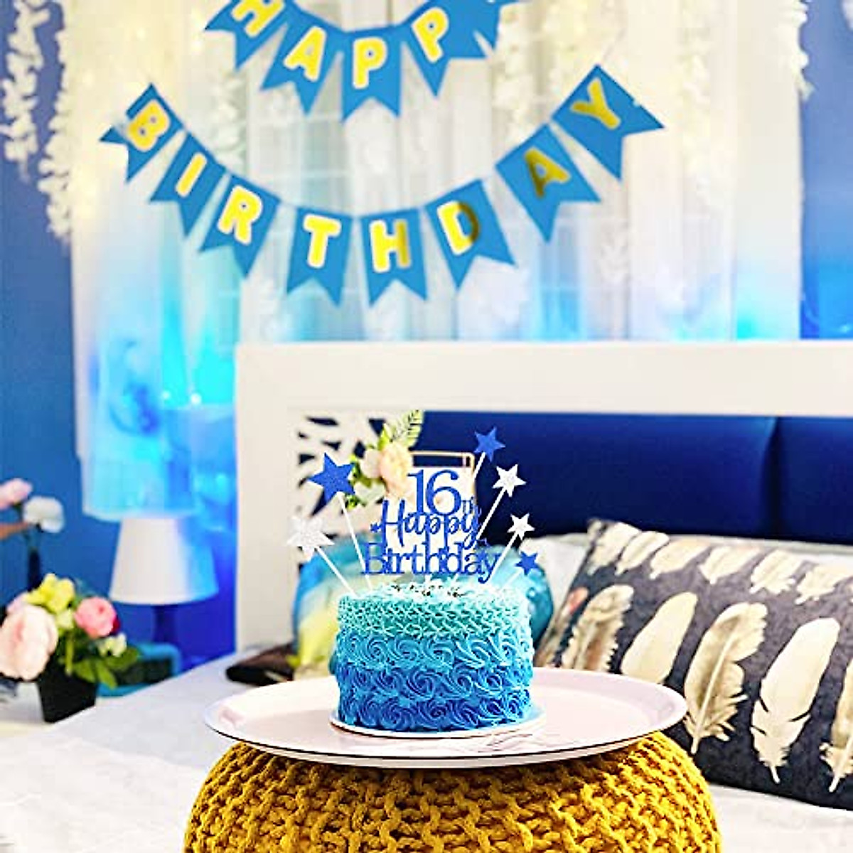 Pargleev Glittery 16th Cake Topper with Star Boys and Girls 16th Birthday Party Supplies, Sixteen Years Old Birthday Party Decorations Royal Blue