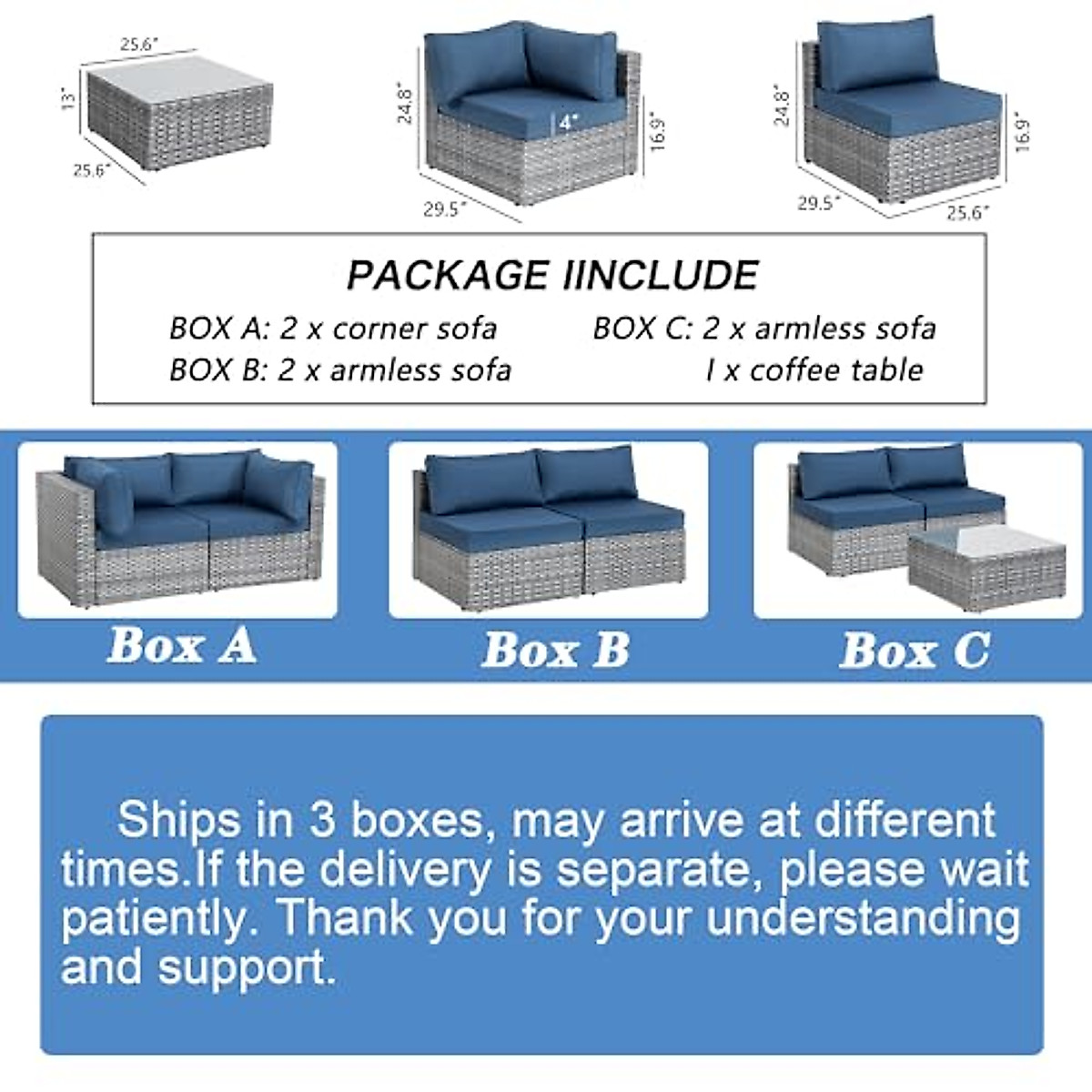 Shintenchi 7 Pieces Outdoor Patio Sectional Sofa Couch, Silver Gray PE Wicker Furniture Conversation Sets with Washable Cushions & Glass Coffee Table for Garden, Poolside, Backyard (Aegean Blue)