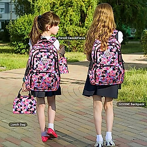 SCIONE Girls School Backpack Set,Colorful Print School Bag with Lunch Box-Large Capacity Backpack for Kids,Cute Pink Lightweight Book Bag for Teens,Middle and Elementary School Toddler Backpack