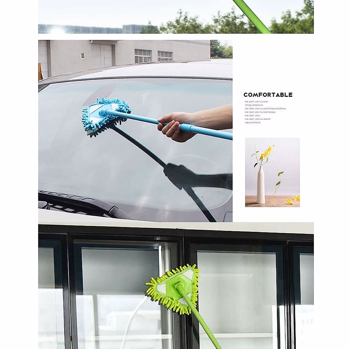 ALILILI 180 Degree Rotatable Adjustable Triangle Cleaning Mop,Multi-functional Retractable,Equipped With 2PCS Replacement Mop Cloth (Blue),3 Piece Set