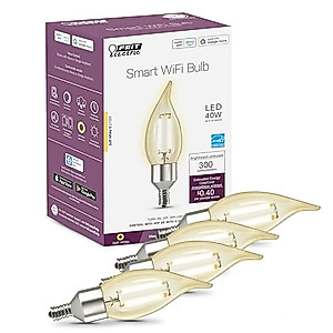 Feit Electric Smart LED Candle Wifi Bulb, Works with Alexa or Google Assistant, E12 base, No Hub, Flame Tip Filament Chandelier Light Bulb, 2700K Soft White, 4 Pack CFC40/927CA/FIL/AG/4